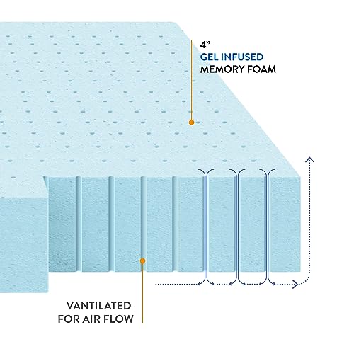 Best Price Mattress 4 Inch Ventilated Memory Foam Mattress Topper, Cooling Gel Infusion, CertiPUR-US Certified, Queen, Blue