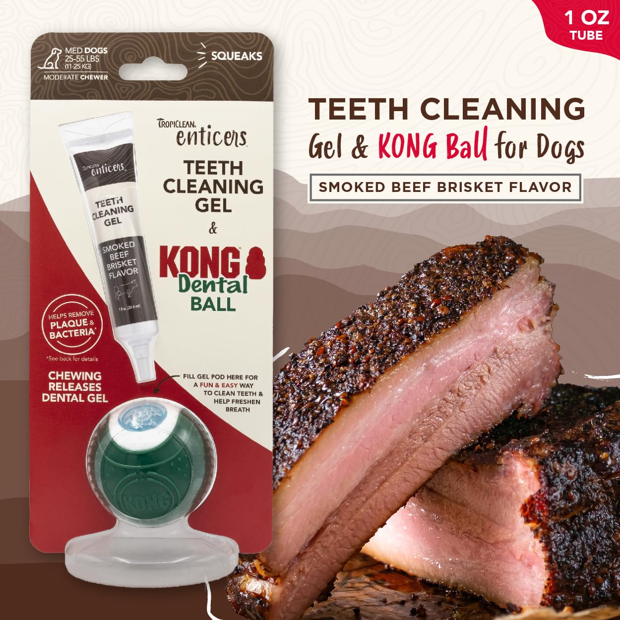 TropiClean Enticers Kong Dental Ball Kit for Medium Dogs | Teeth Cleaning Gel | Smoked Beef Brisket Flavor | 1 oz.