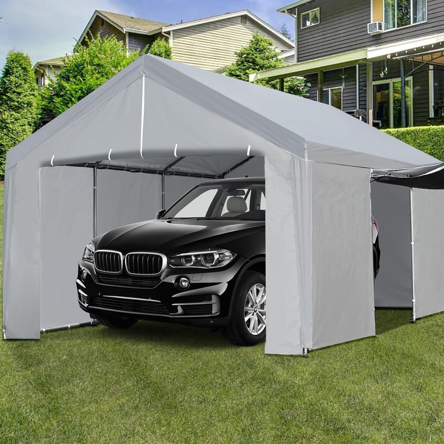 Garvee Carport, 10'x 20' Heavy Duty Carport Canopy with Semi-Auto Ventilated Windows & Roll-up Door w/Zipper, Portable Garage with Steel Frame and Waterproof UV-Treated Cover for Car, Boats, Truck