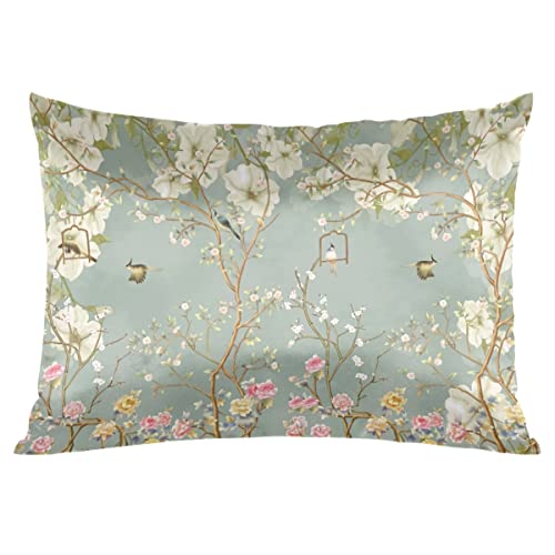Envelope Closure Satin Pillowcase for Hair and Skin Silk Pillowcase Standard Size Spring Peach Blossom Flower Pattern Pillow Cases Cooling Satin Pillow Covers