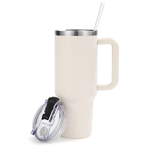 SOOZELEN 40oz Tumbler with Handle & Straw Lid, Insulated Travel Mug, Double Walled Keeps Drinks Cold & Heat for Long Time（Rose Quartz）