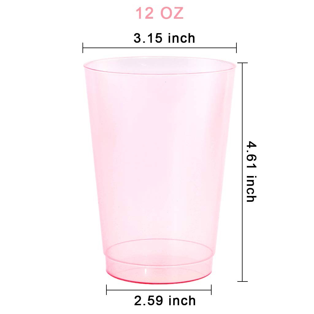 bUCLA 100pcs 12OZ Pink Plastic Cups-Disposable Pink Cups-Premium Unbreakable Wedding Cups-Party Cups,Great For Easter, Mother's Day and Bridal Shower