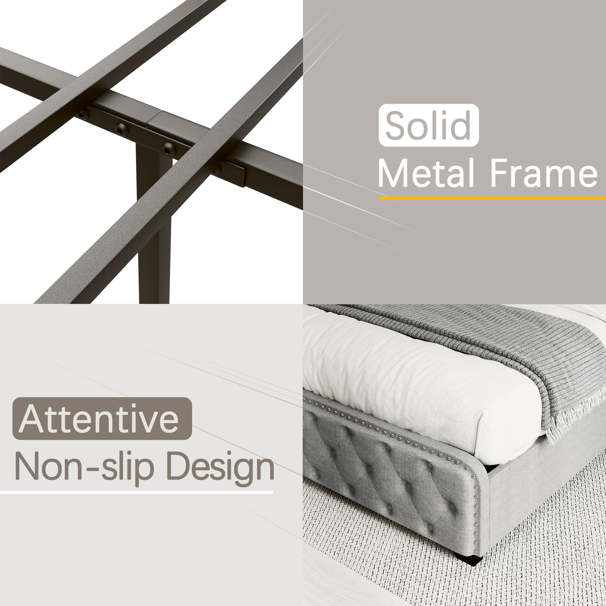 Fluest Queen Bed Frame with Headboard Storage Drawers of 4 Upholstered Bed Frame Platform Adjustable Headboard Metal Slats Support/No Box Spring Needed/Easy Assembly/Mattress Foundation, Dark Gray