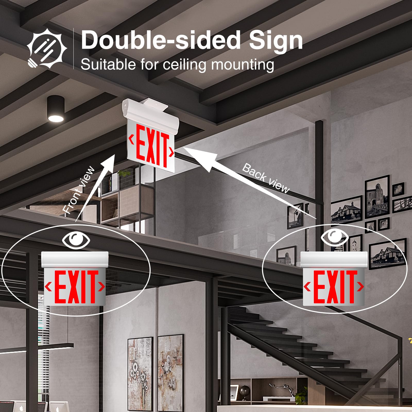 FREELICHT 2 Pack Red LED Double-Sided Exit Sign with Battery Backup,Exit Sign for Business,Easy To Install,UL Certified,AC 120/277V