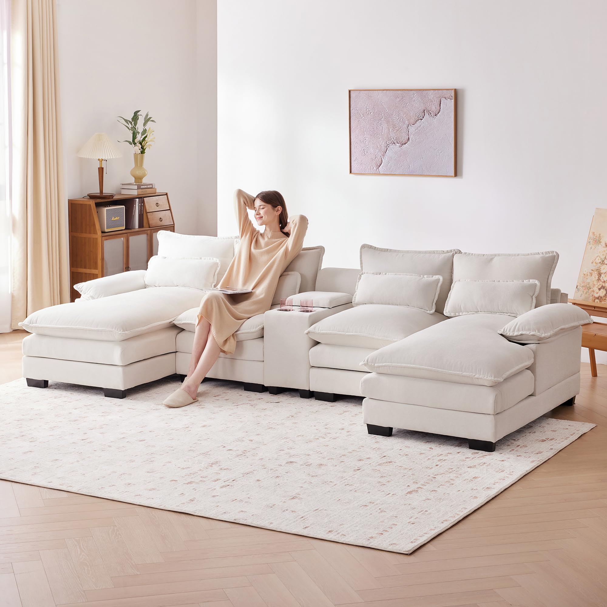GNNIXUU 123" Modular Sectional Sofa Couch for Living Room, Modern Comfy U-Shaped Sectional Cloud Couch with Console, Cupholders and USB Ports, Chenille 4 Seat Couch Set with Chaise(White)