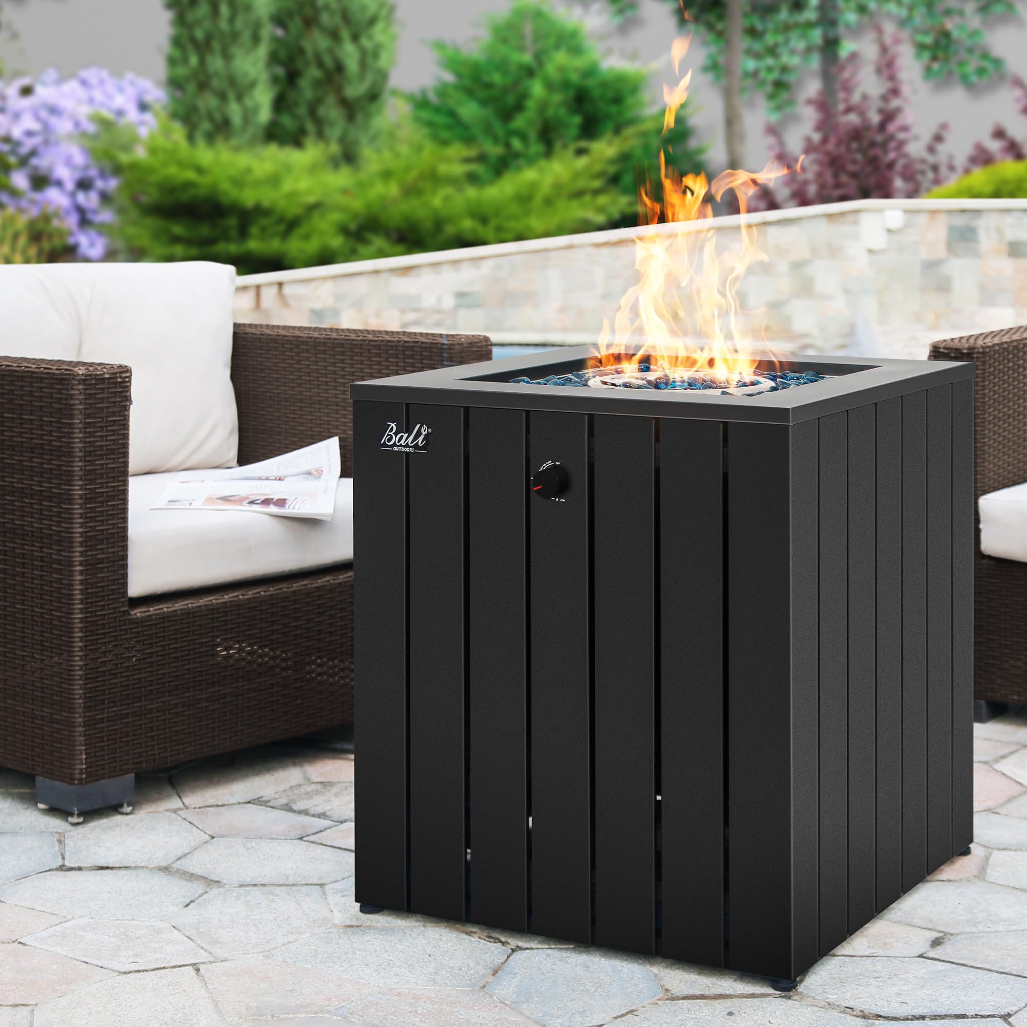 BALI OUTDOORS 23.6 Inch Square Gas Fire Pit Table with Blue Fire Glass, 41,000 BTU Propane Firepit Table for Outdoor Garden and Patio