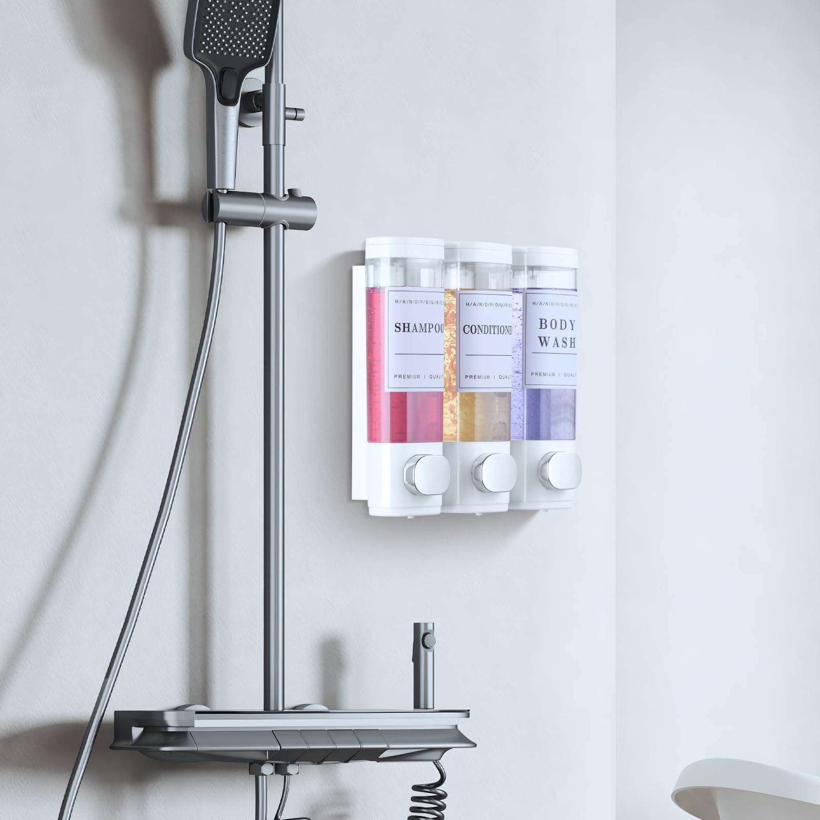 Shower Soap Dispenser Wall Mounted No Drill Shampoo Dispenser for Shower Wall Shampoo and Conditioner Dispenser Bathroom Hotel 3 * 300ml White with Labels