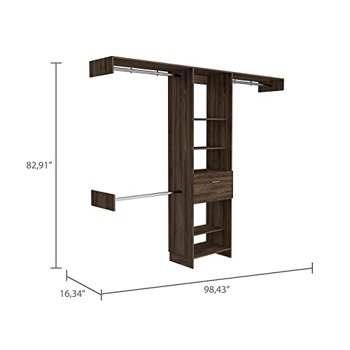 Manchester 250 Closet System with 5 Open Shelves, 1 Drawer, and 3 Metal Rods, Dark Walnut