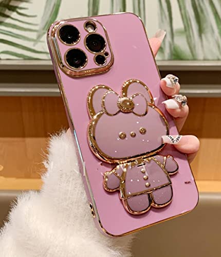 for iPhone 14 Pro Max Case for Women Girls,6D Cute Hidden Rabbit Bunny Stand Mirror Design,Luxury Plating Glitter Soft Silicone Makeup Girly Phone Case with Camera Cover for iPhone 14 Promax Purple