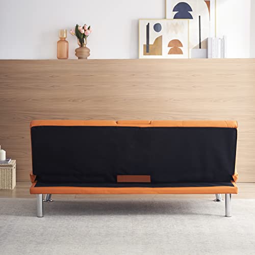 Foldable Futon Sofa Loveseat Convertible Sleeper Couch Bed for Small Space Apartment Office Living Room Furniture Sets with 2 Cup Holders, Tufted Back & Seat Orange PU Leather 67" W
