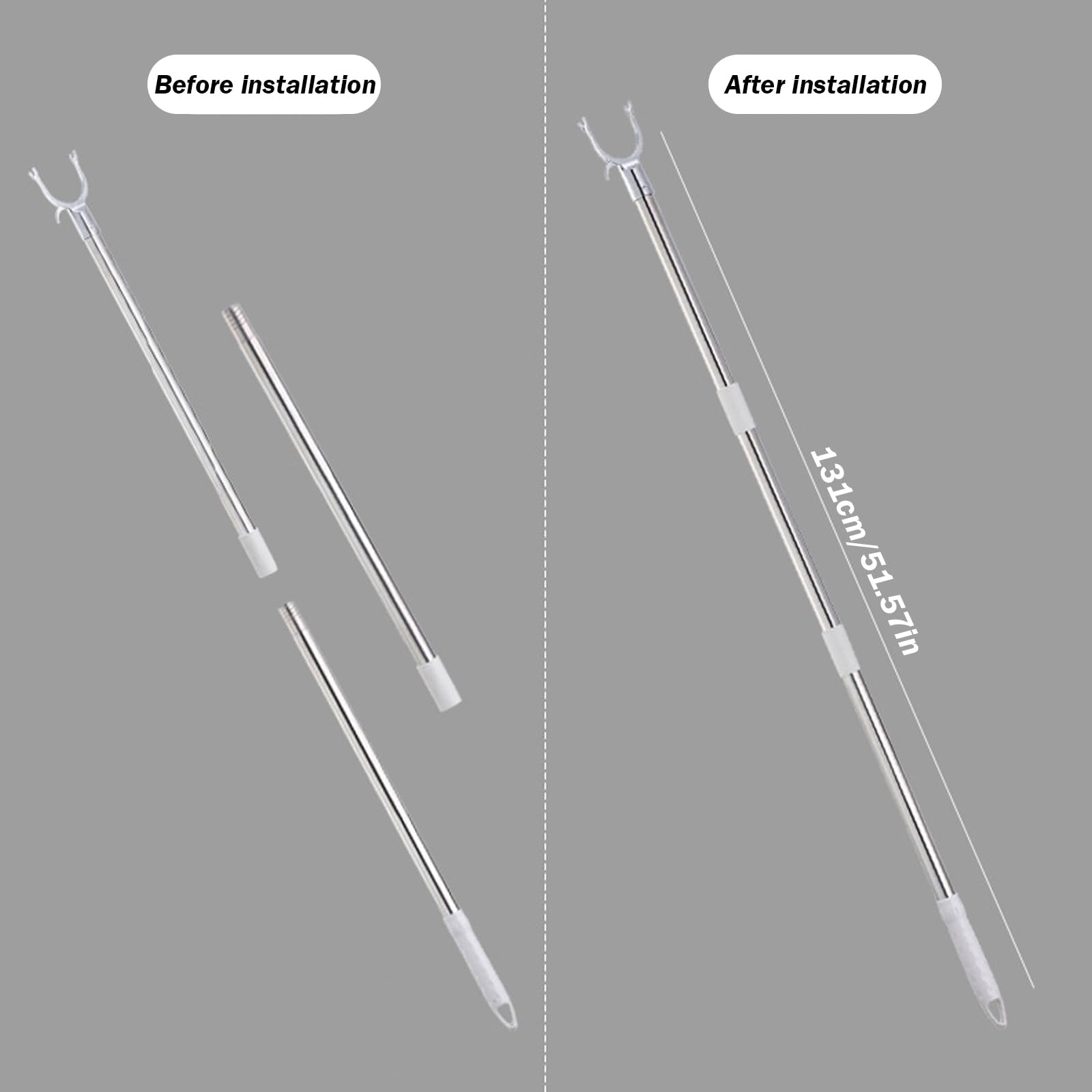 Clothesline Pole 51 Inch Telescoping Pole with Hook Stainless Steel Long Reach Closet Pole with Hook & Non-slip Handle for Ceiling, Shelf Clothes Line Pole Clothing Hanger Telescopic Rod