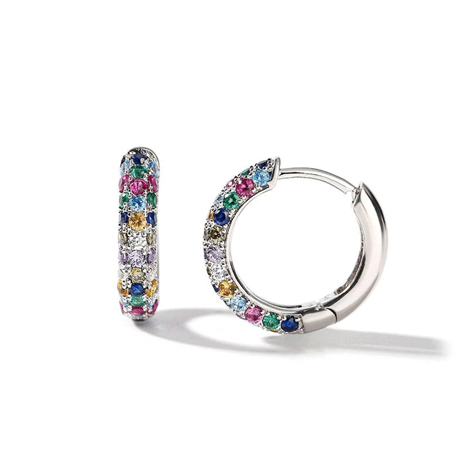 Colorful Zircon Earrings Silver Huggie Hoop Earrings Dainty Stud Earrings CZ Simple Earrings Personalized Gift for Women (Silver)