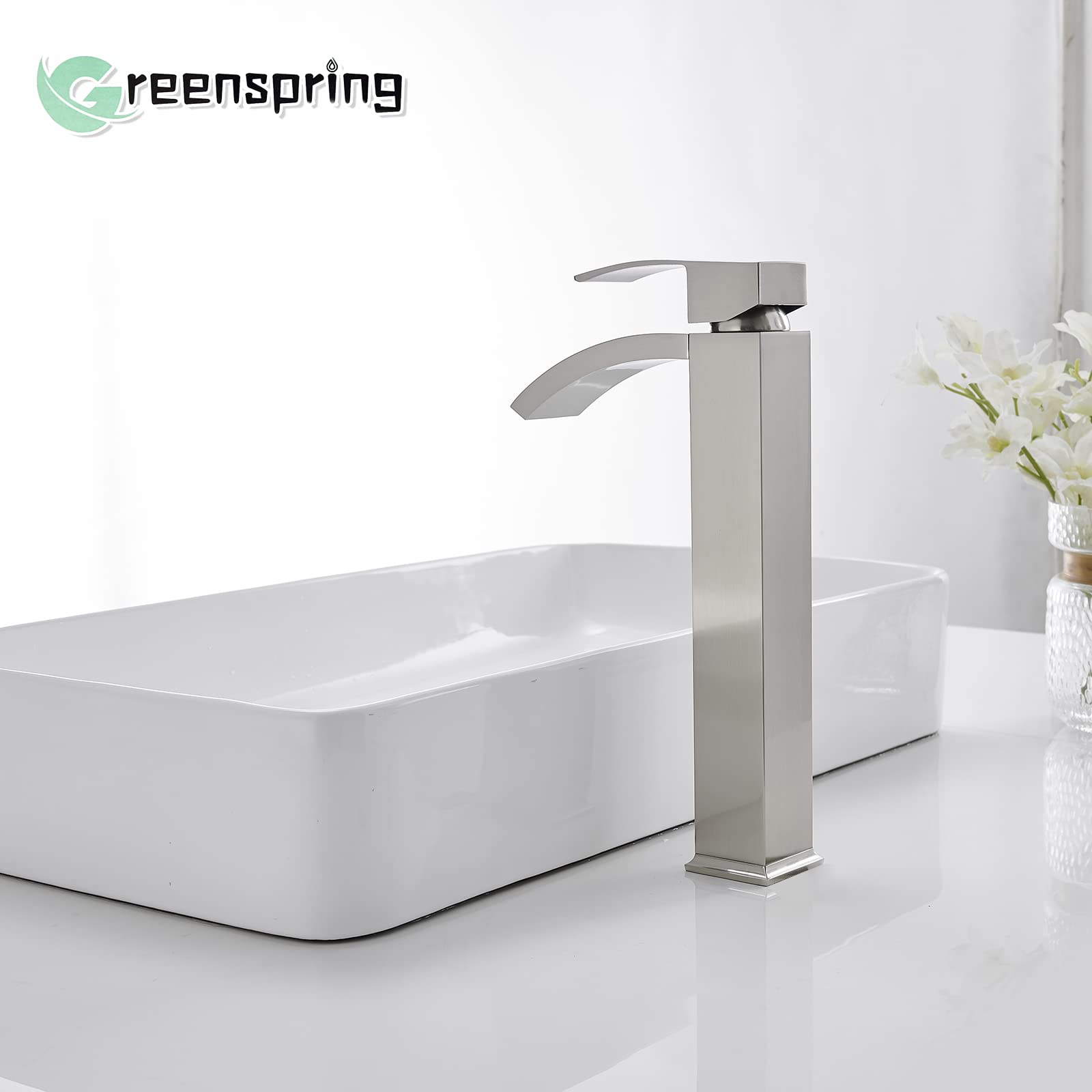 Greenspring Brushed Nickel Bathroom Faucet Vessel Sink Single Hole Single Handle Waterfall Spout Lavatory Commercial Bath Vanity Bowl Faucets Tall Body Supply Line Lead-Free