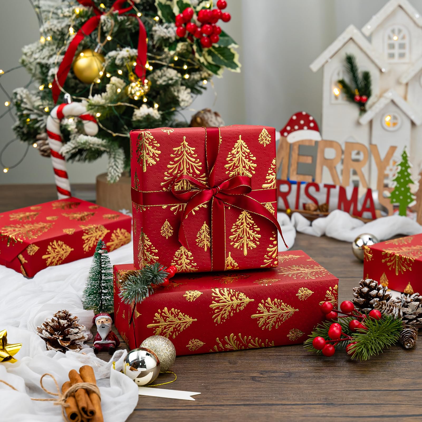 Flyhill Kraft Christmas Wrapping Paper-17inch*32.8ft(46.8sq.ft.ttl Per Roll- Red and Gold 3D Embossed Foil Christmas Trees Design for New Year,Birthday,Party,Craft & Art