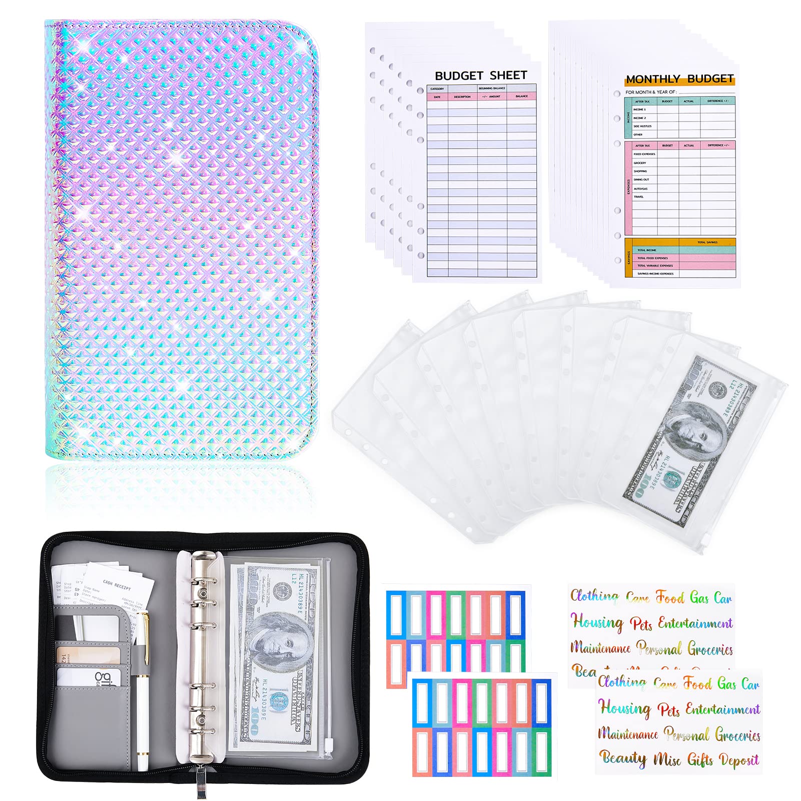 Budget Binder with Zipper Envelopes A6 Money Organizer for Cash PU Glitter Leather Money Saving Binder with 8pcs Cash Envelopes for Budgeting,18pcs Budget Sheets,24pcs Stickers,Budget Planner Wallet