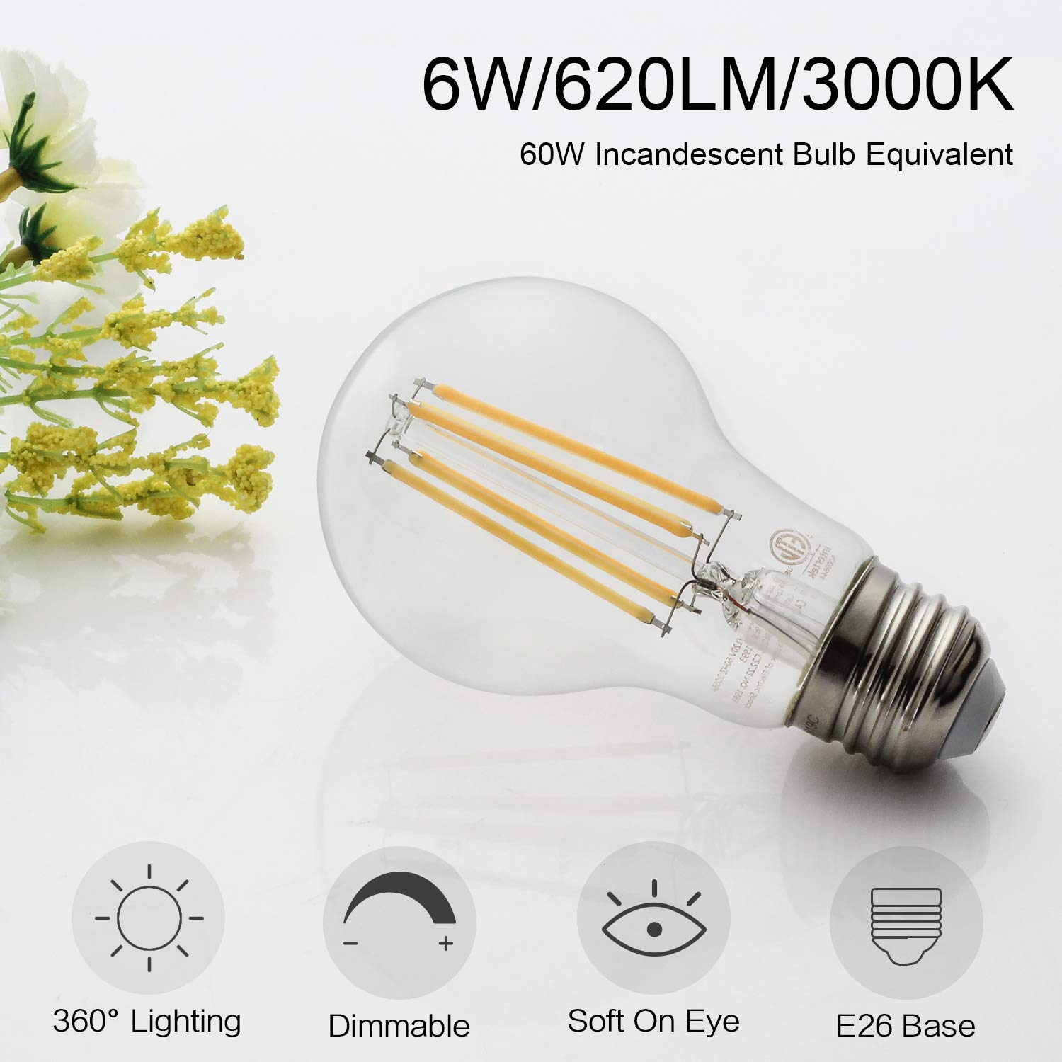 Boncoo A19 LED Edison Bulb Dimmable 6W LED Filament Light Bulbs 60W Incandescent Equivalent Led Vintage Bulb 3000K Soft White 620LM E26 Medium Base Clear Glass for Home, Office, 6 Pack