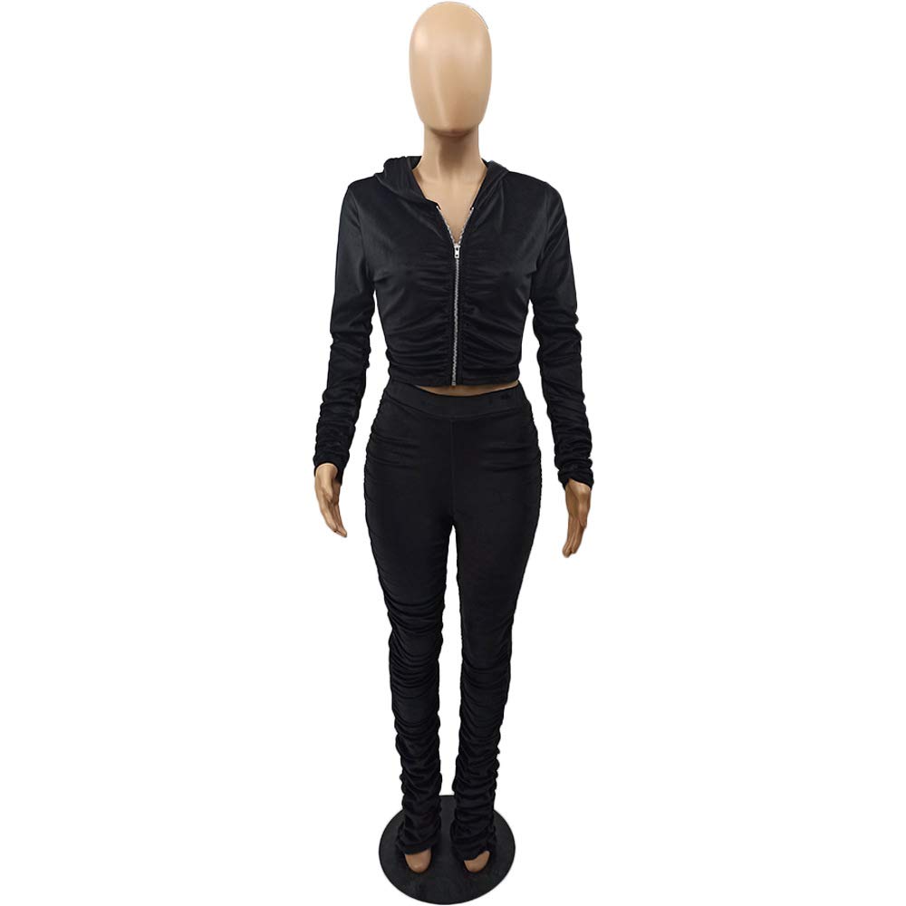 CCIGO Women's Long Sleeve Tracksuit Set 2 Piece Velvet Ruffled Zip-up Crop Top Sweatshirt and Jogger Pants Outfits X-Large Navy