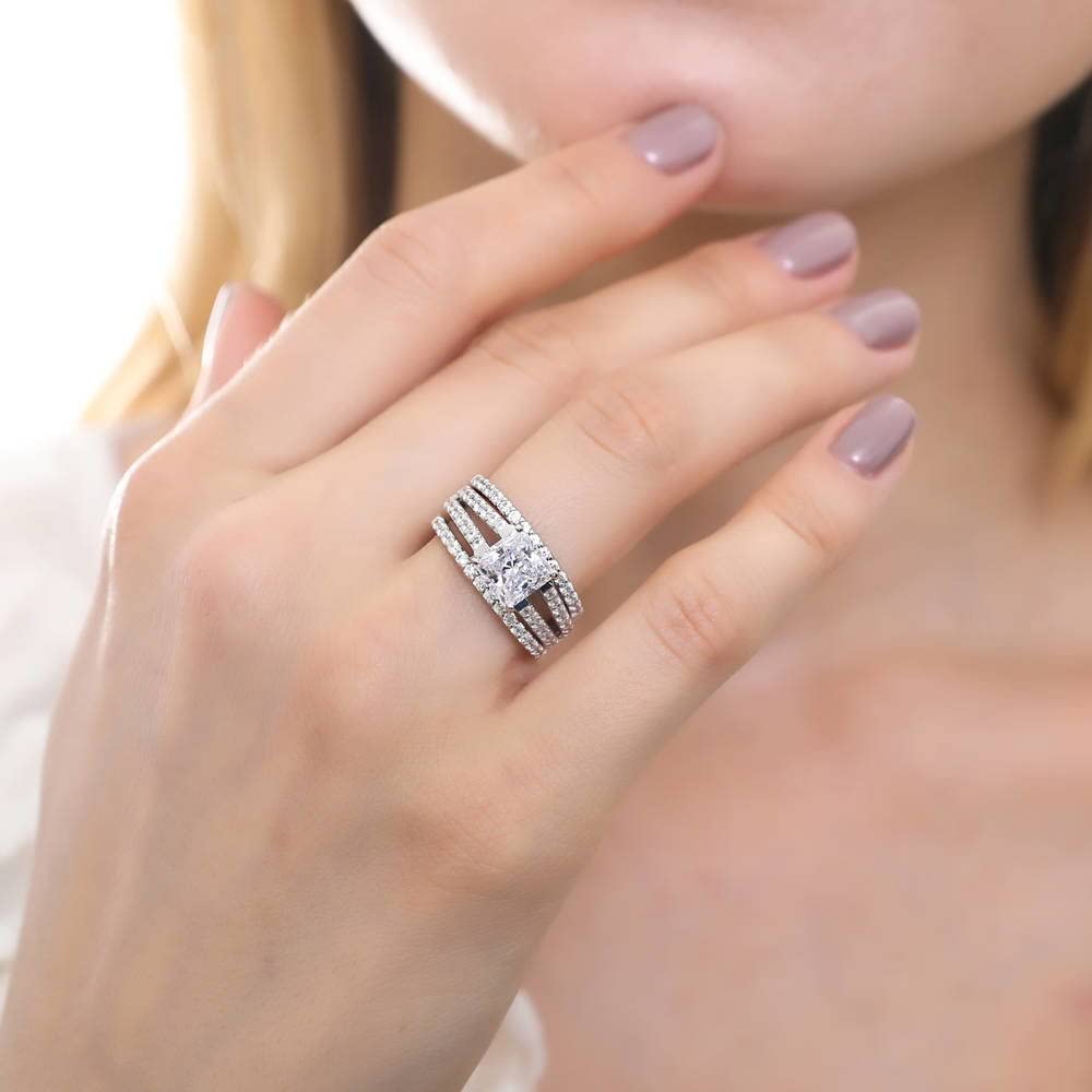 BERRICLE Sterling Silver Solitaire Wedding Engagement Rings 2 Carat Princess Cut Cubic Zirconia CZ Statement Split Shank Ring Set for Women, Rhodium Plated Size 7