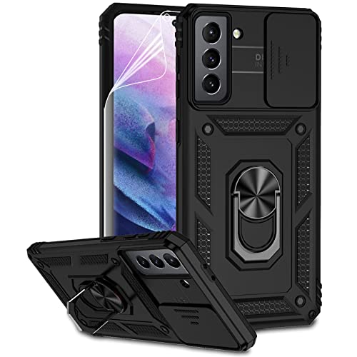 for Samsung Galaxy S21 Case with Camera Lens Cover HD Screen Protector, Dual Layer Military-Grade Drop Tested Magnetic Ring Holder Kickstand Protective Phone Case for Samsung Galaxy S21 5G (Black)