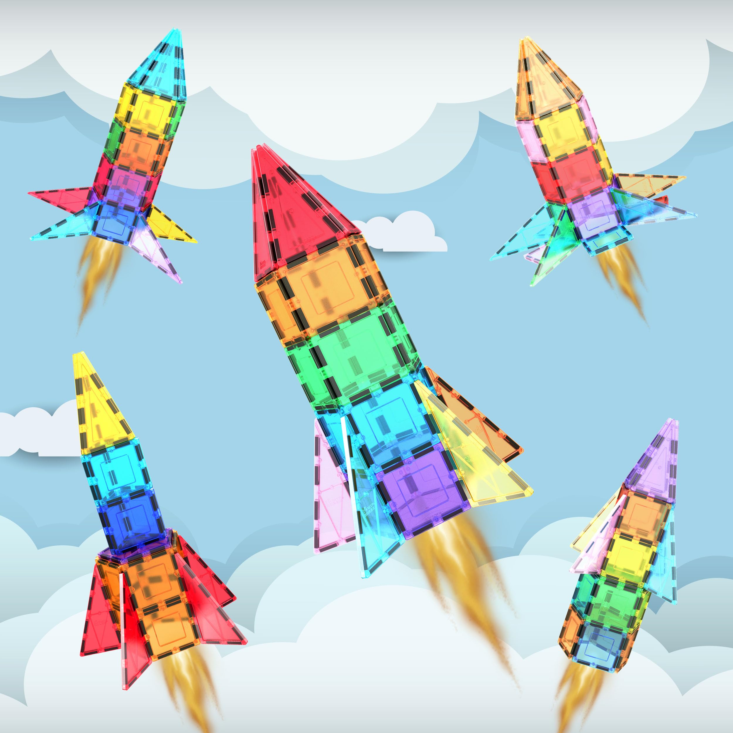 PicassoTiles Magnetic Building Block Rocket Booster Theme Set Magnet Construction Toy Educational Kit Engineering STEM Learning Playset Child Brain Development Stacking Blocks Playboard PT32