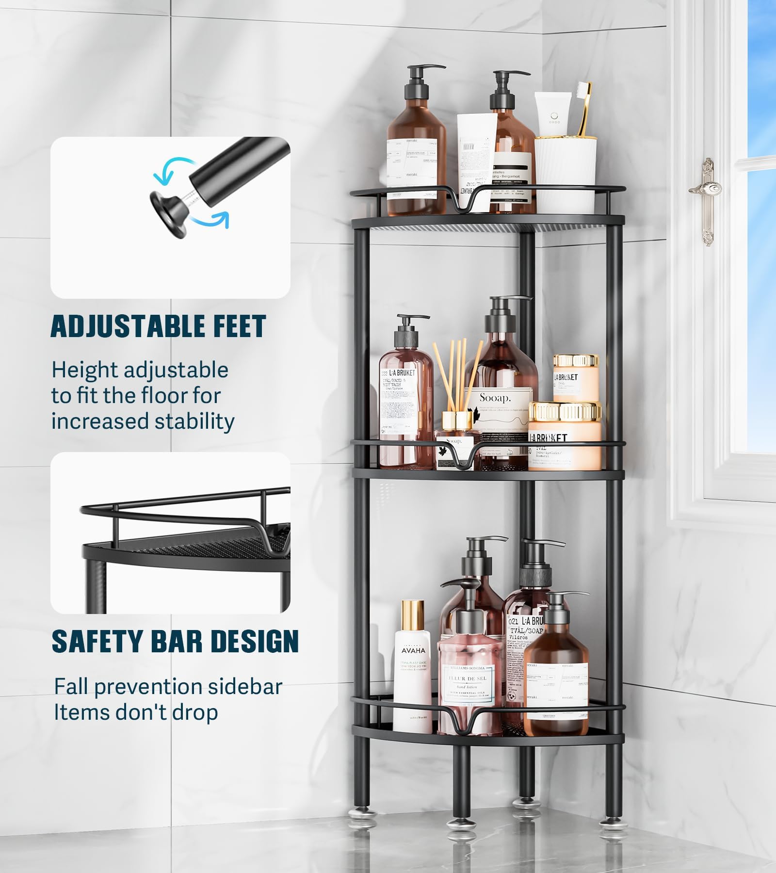 Corner Shower Caddy Free Standing, Stainless Steel Stand up Shower Organizer Shelf with Adjustable Feet, Floor Shower Storage Rack for Bathroom,Balcony Kitchen, 3 Tier Black