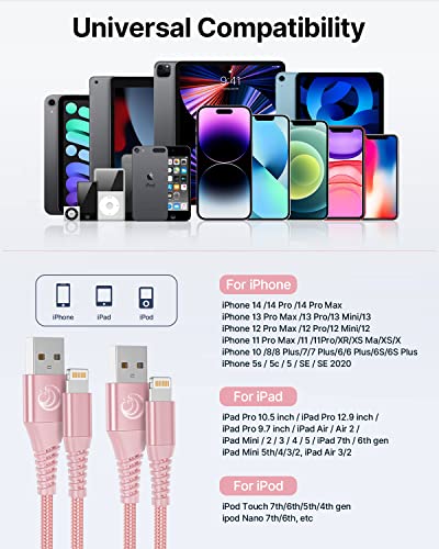 Long iPhone Charger 10 ft 2Pack, (Apple Certified) Lightning Cable 10 Foot Nylon Braided Fast Charging Extra Long 10ft iPhone Cord Compatible with iPhone 13 12 11 XS XR 10 8 7 6 Plus - Pink