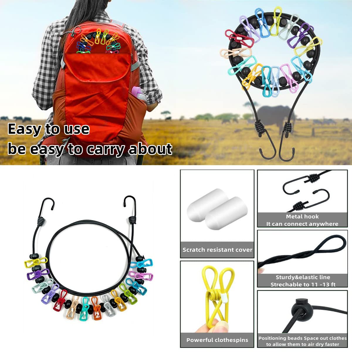 Clothesline,Retractable Portable Clothesline for Travel,Clothing line with 12 Clothes Clips,for Indoor and Outdoor Laundry Drying line,Outdoor Camping Accessories