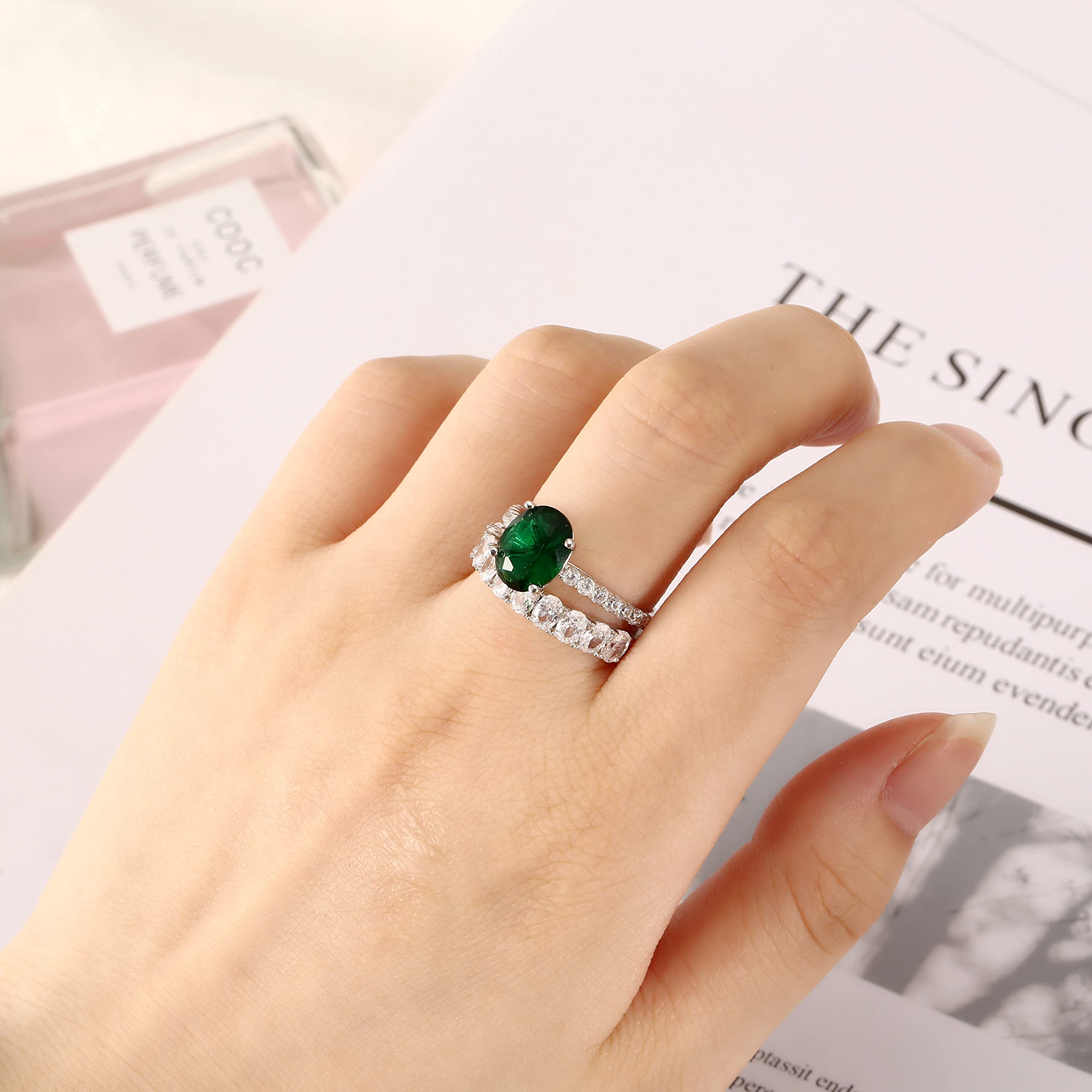 BONLAVIE 2ct Oval Cut Created Emerald Ring for Women with White Cubic Zirconia 925 Sterling Silver Ring Bridal Ring Set Wedding Ring Set for Women Set Size 14