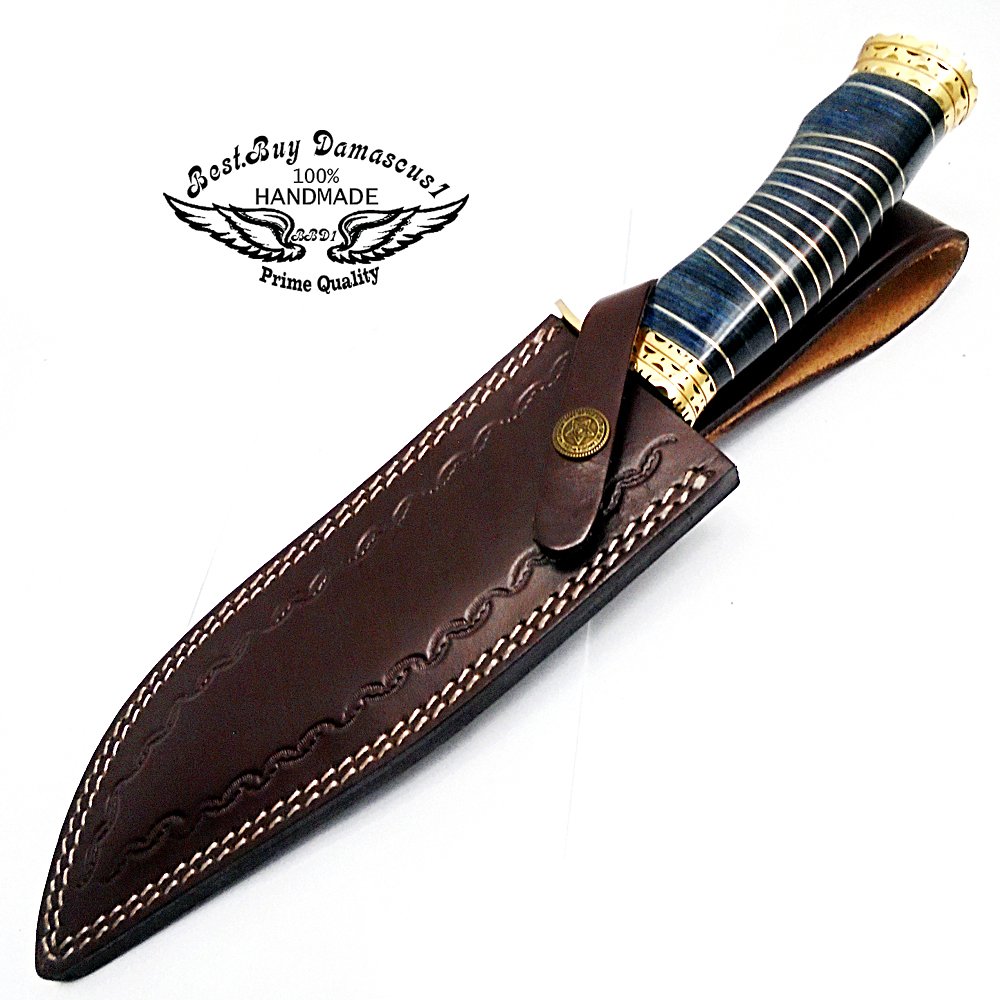 Best.Buy.Damascus1 Blue Wood 13" Fixed Blade Custom Handmade Damascus Steel Kukri Hunting Knife Double Brass Bolster Spacers Unique Beautiful File Work On Handel Come With Leather Sheath