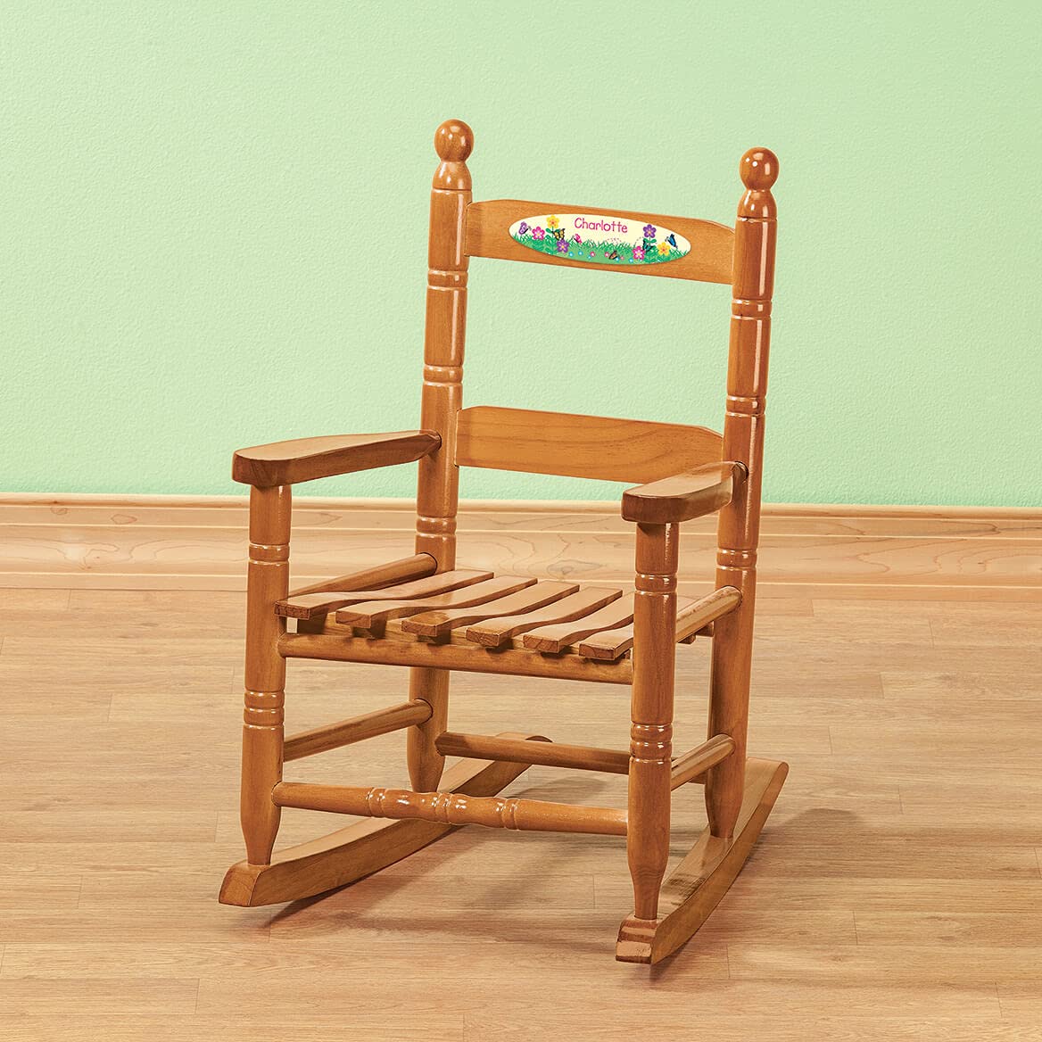 Fox Valley Traders Personalized Childrens Rocking Chair, Features Classic Rocker Design and Hardwood Construction, Natural Finish with Flowers & Buterflies Design