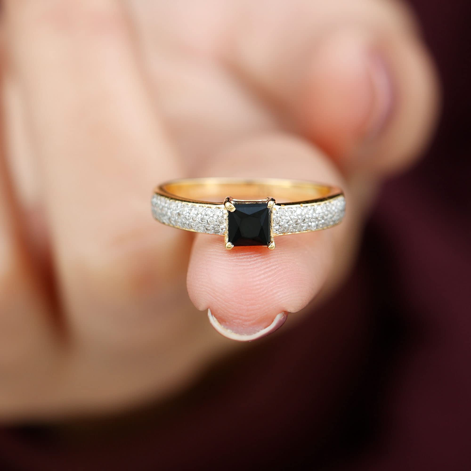 Black Spinel and Diamond Engagement Ring, Princess Cut Black Spinel and Gold Engagement Ring, 14K Yellow Gold, Size:US 6.00