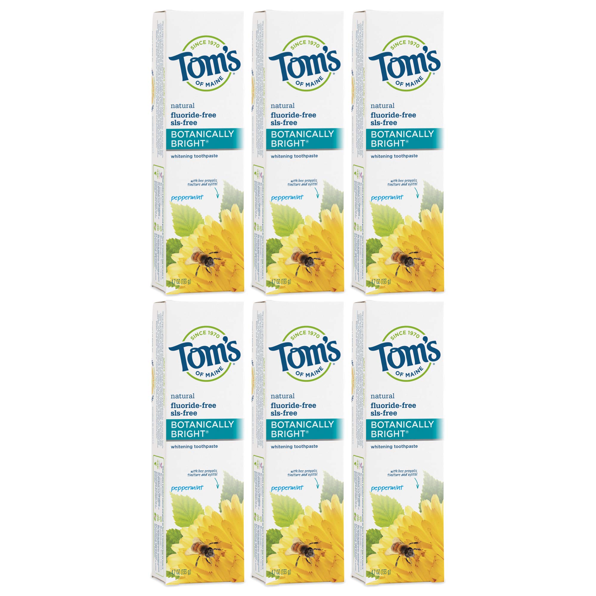 Tom's of Maine Natural Fluoride Free Botanically Bright Toothpaste, Peppermint, 4.7 Ounce, 6 Count (Pack of 1)