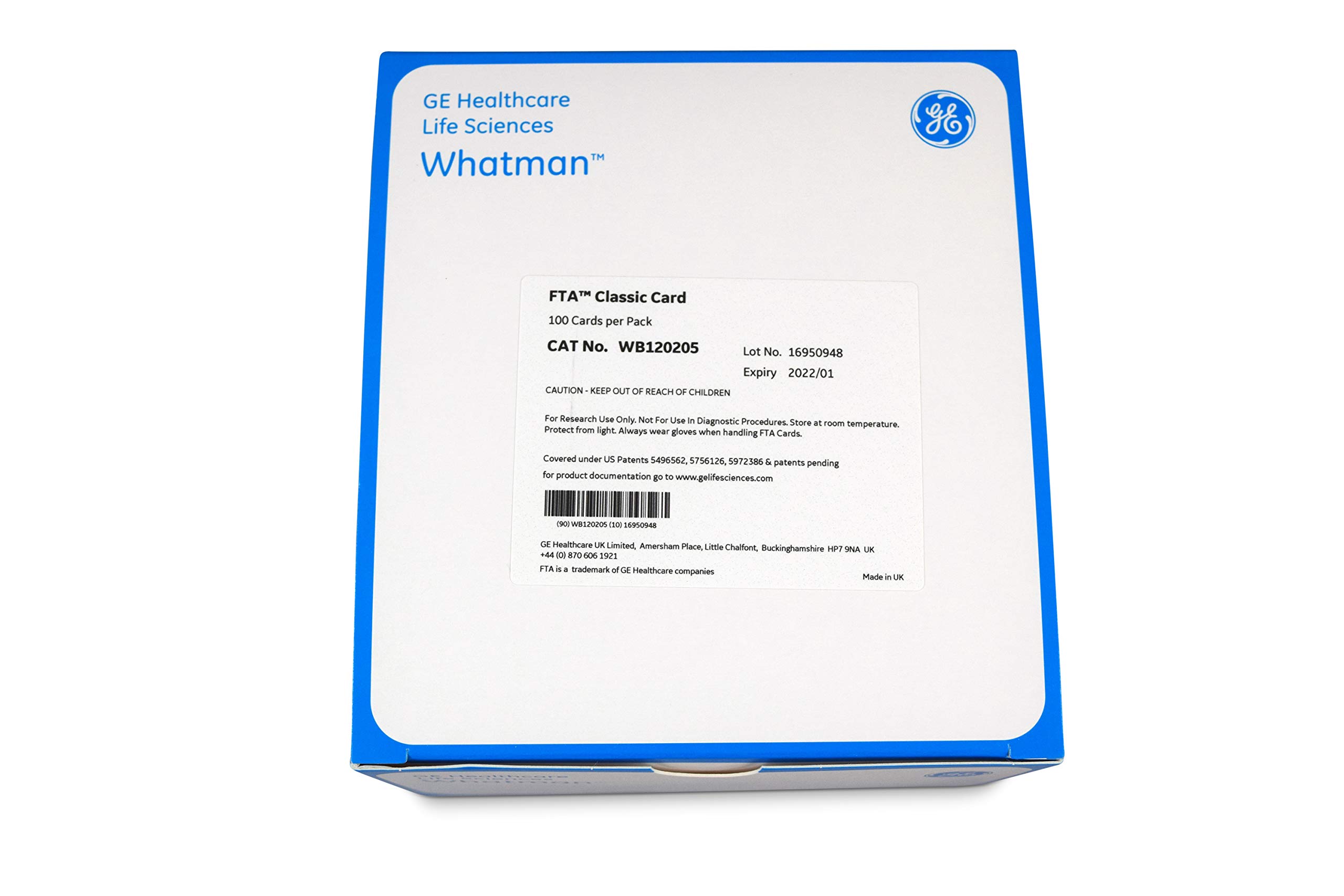 GE Healthcare WB120205 Non-Indicating FTA Classic Card, 4 Sample Areas Per Card, 500 ”l Total Volume (Pack of 100)
