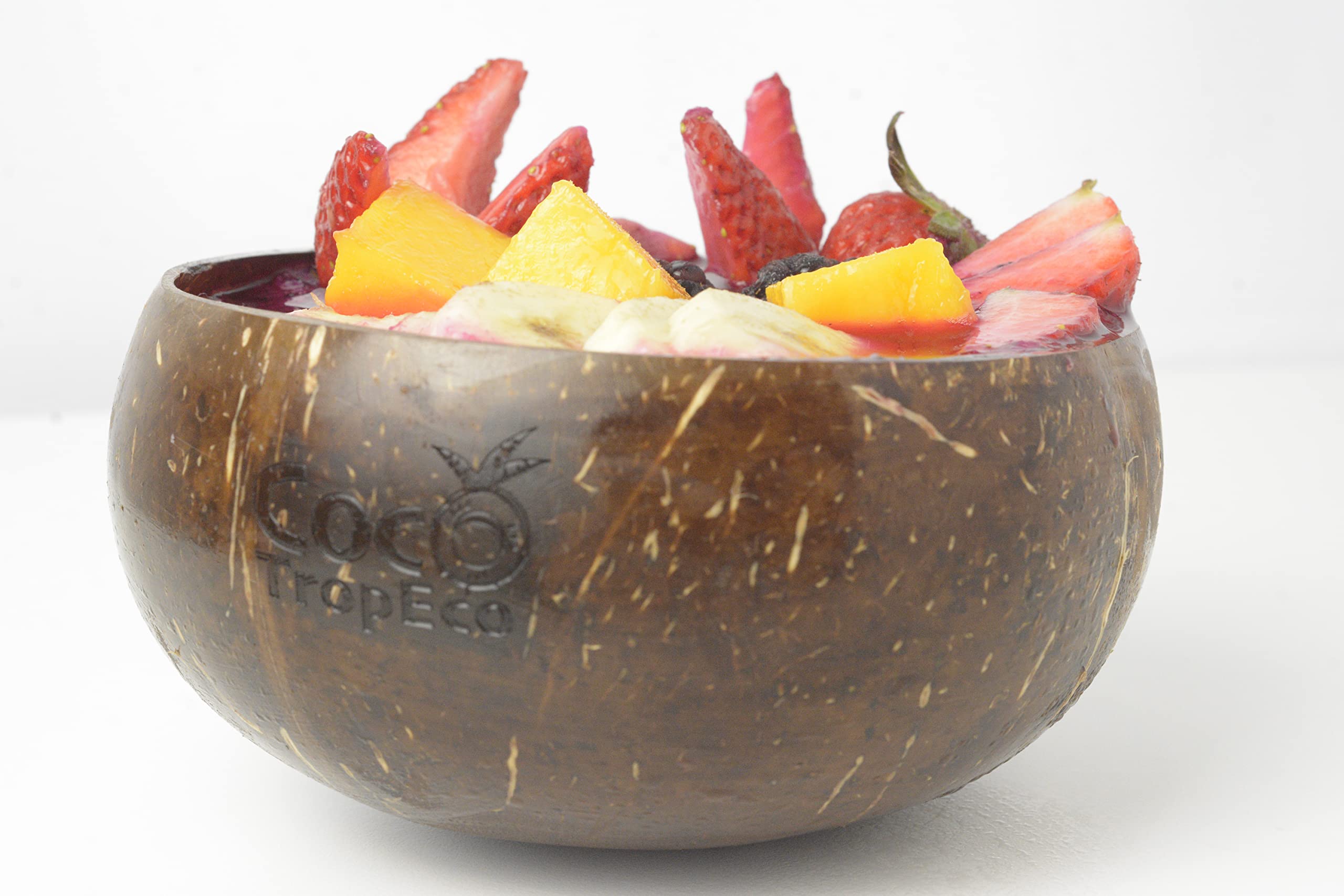 Coco TropEco Coconut Bowl Set of 4 - Handmade Bowls From Natural Coconut Shells + Wooden Spoons + Wood Forks and Bamboo Straws β Buddha Bowls Ideal for Acai Smoothie, Salad or Cereal β Polished β