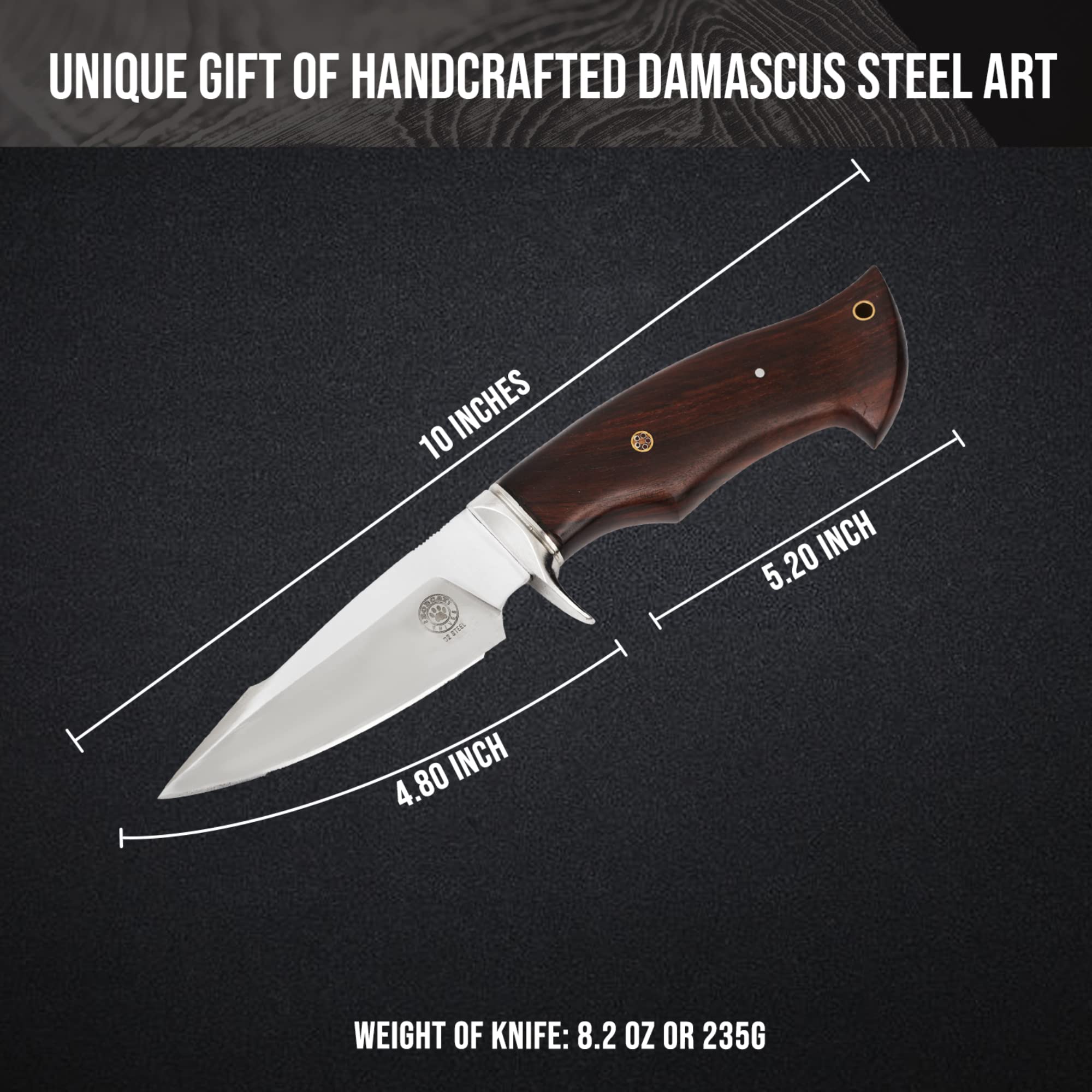BIGCAT ROAR Handmade Damascus Hunting Knife - Bushcraft Fixed Blade Hunting Knife with Sheath and Walnut Wood Handle - 10″ EDC Skinning Knife - Wolverine Hunter