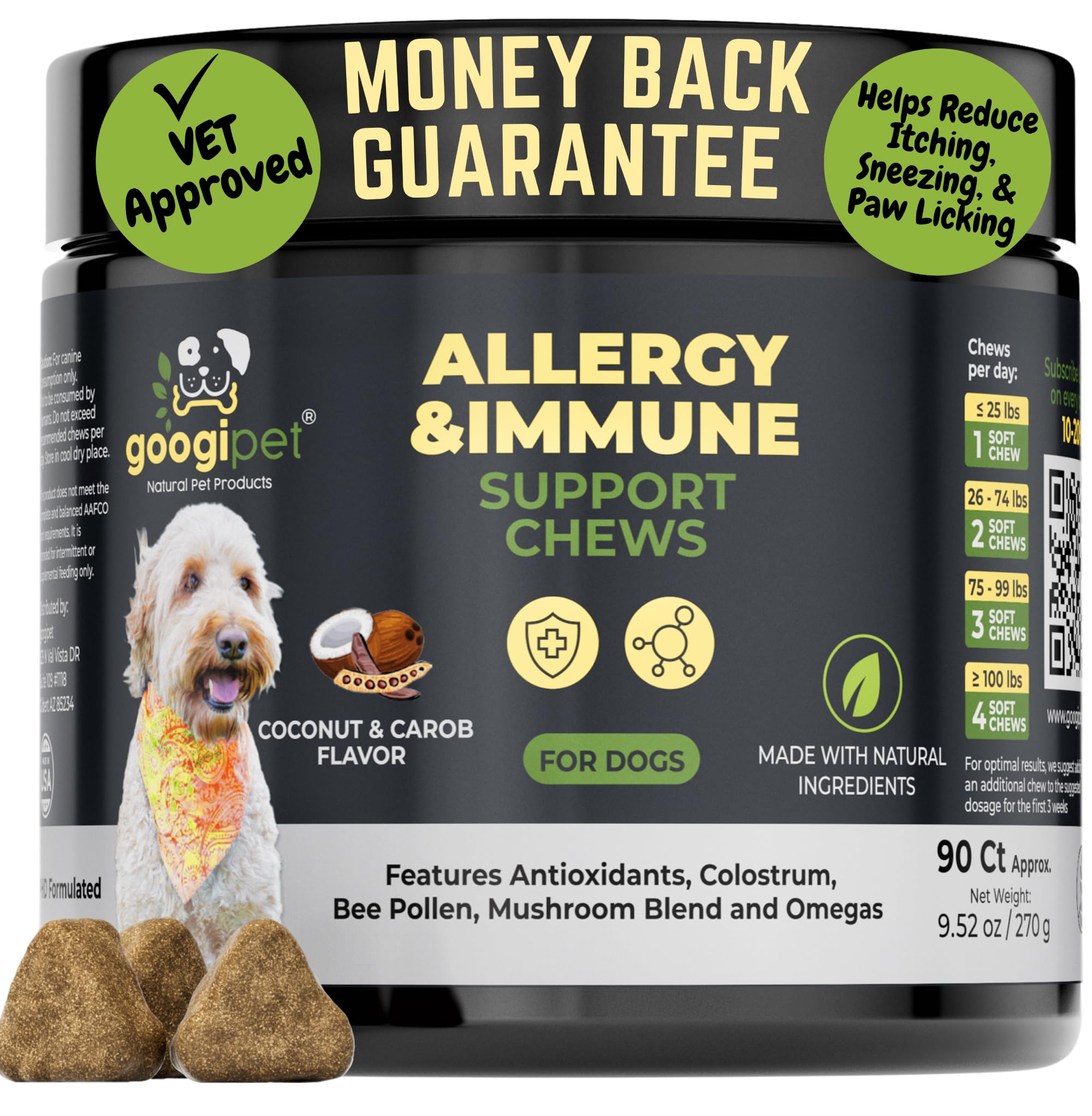 Googipet Dog Allergy Chews -Dog Allergy Relief & Itchy Skin Relief -Dog Skin & Coat Supplement +Bee Pollen, Colostrum for Dogs, Coconut Oil, Probiotics, & Omega 3 Fish Oil for Dogs Itching Skin Relief