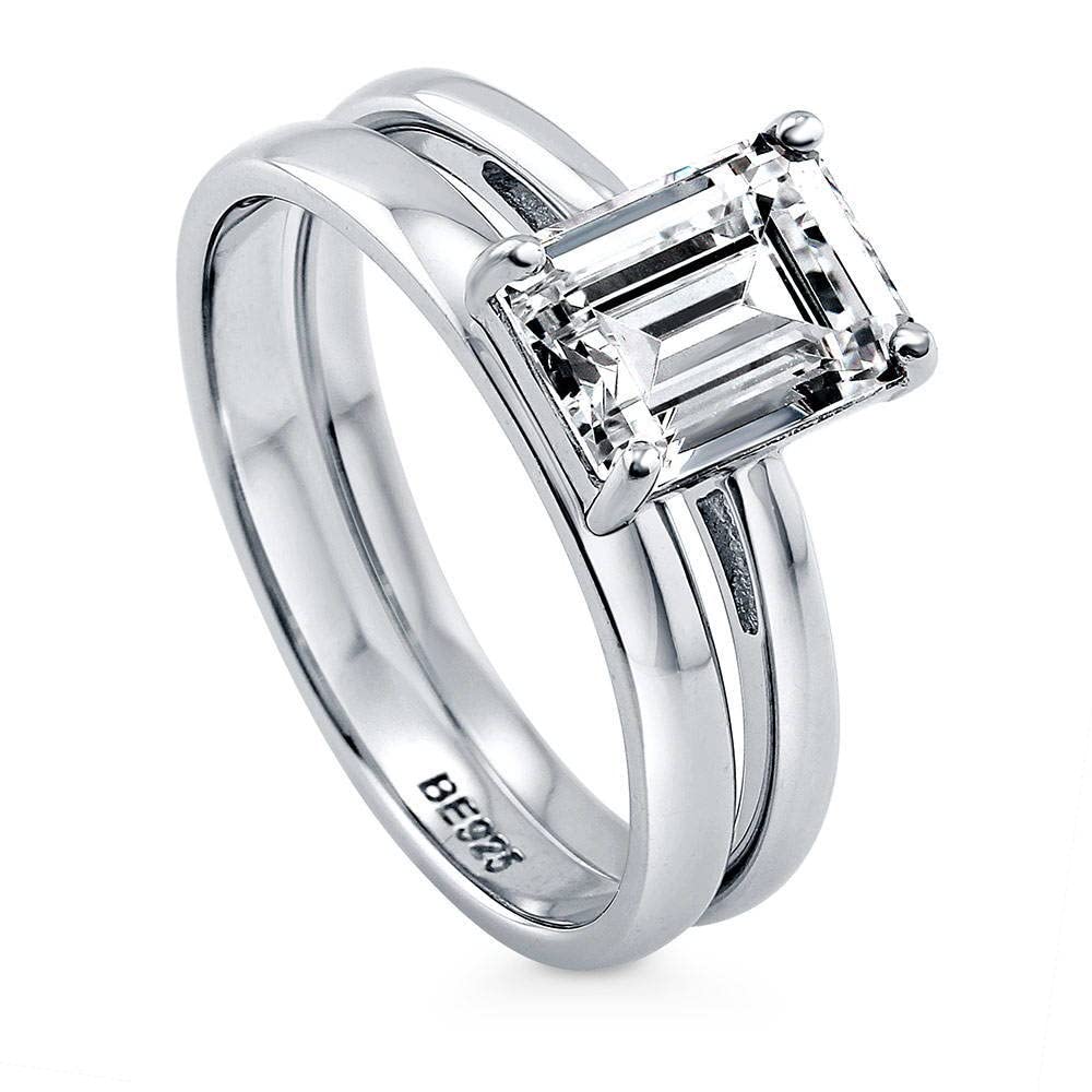 BERRICLE Sterling Silver Solitaire Wedding Engagement Rings 2.1 Carat Emerald Cut Cubic Zirconia CZ Ring Set for Women, Rhodium Plated Size 8