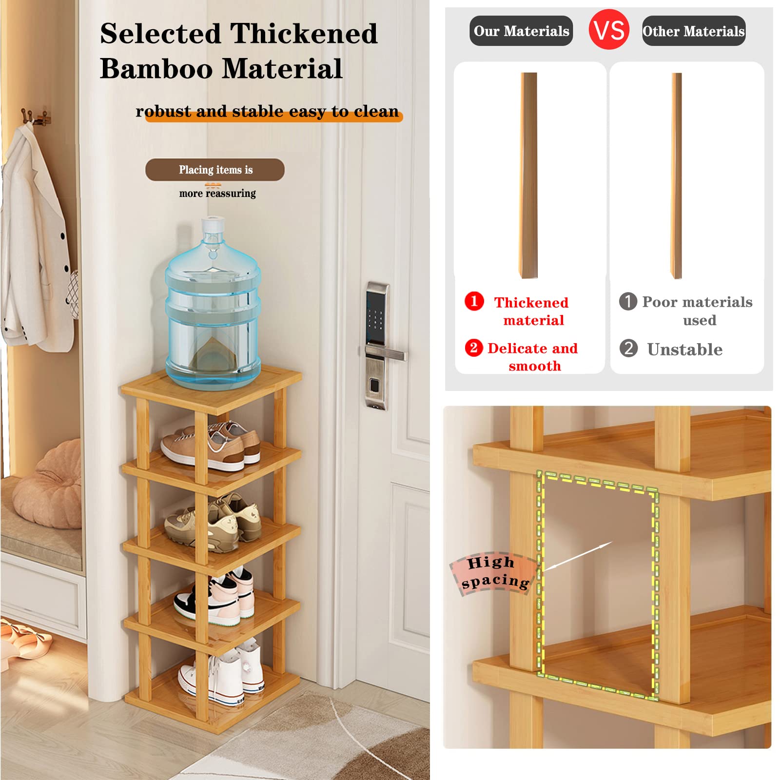 Bamboo Shoe Rack - Vertical Shoe Rack for Small Spaces, Tall Narrow Shoe Rack Organizer for Closet Entryway Corner Garage and Bedroom,Skinny Shoe Shelf Free Stackable DIY - Space Saving Storage
