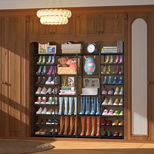 Huolewa Large Shoe Rack Organizer Storage, 4 Row 9 Tier for Bedroom Closet Entryway, Free Standing Tall Metal Shelf Stand, Sturdy Big Black Garage Shoe Holder for 64-72 Pair