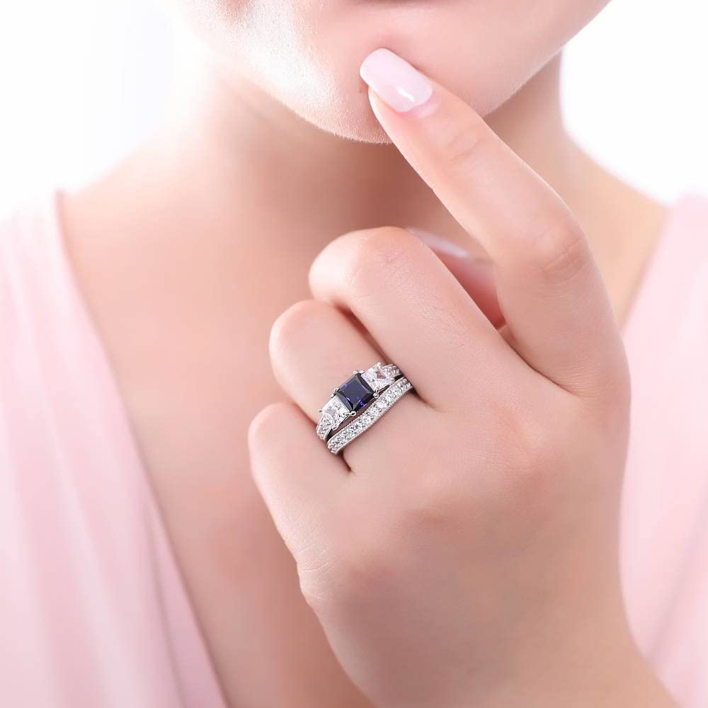 BERRICLE Sterling Silver 3-Stone Wedding Engagement Rings Simulated Blue Sapphire Princess Cut Cubic Zirconia CZ Ring Set for Women, Rhodium Plated Size 9