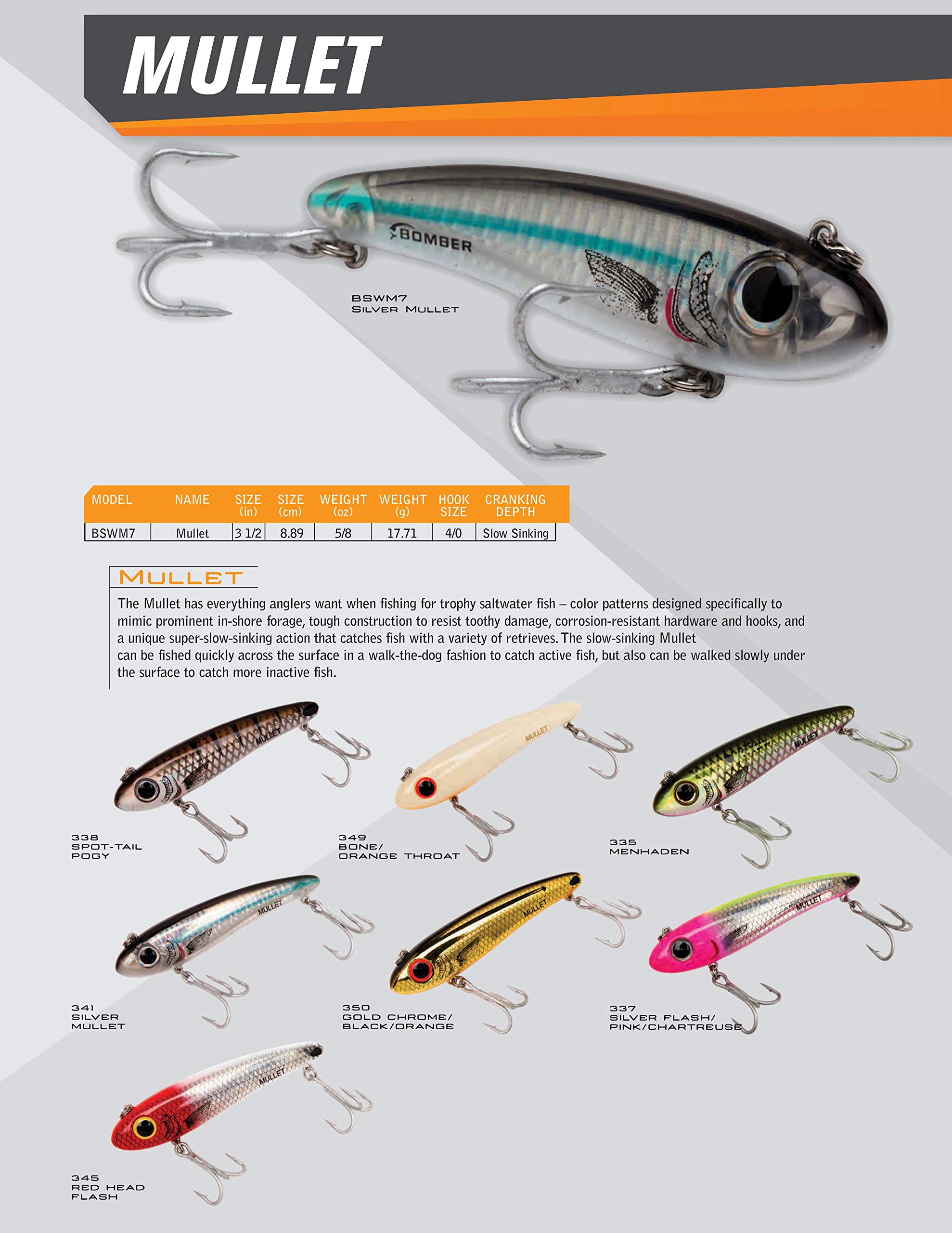 Bomber Lures Mullet Slow-Sinking Twitch, Walking Saltwater Fishing Lure, Excellent for Speckled Trout, Redfish, Stripers and More, 3 1/2", 5/8 oz, Bone Orange Throat