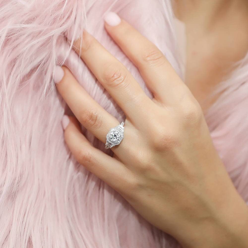 BERRICLE Sterling Silver Halo Wedding Engagement Rings Round Cubic Zirconia CZ Art Deco Ring Set for Women, Rhodium Plated Size 9
