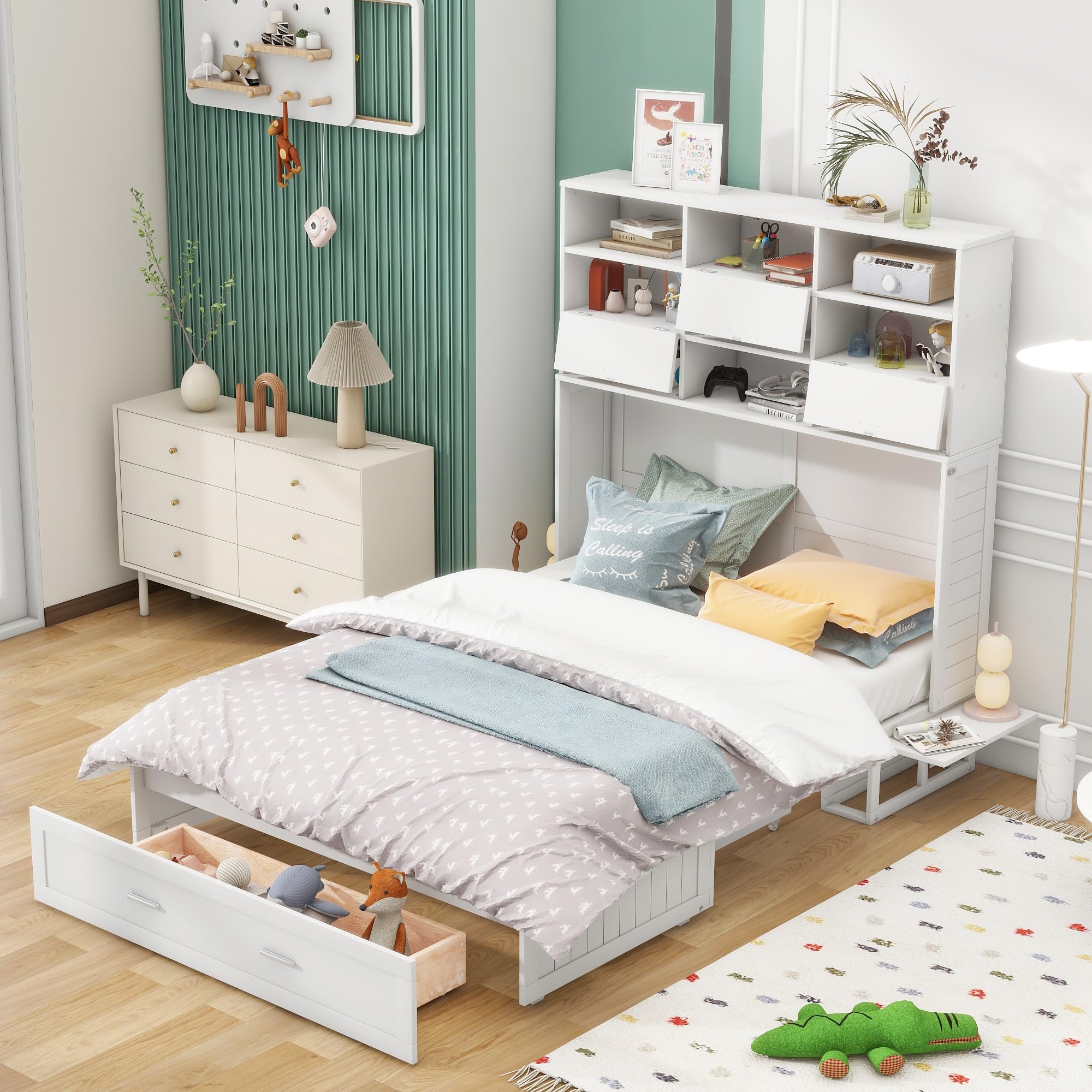 BIADNBZ Queen Size Murphy Bed, Space-Saving Wall Cabinet Beds with Bookcase Storage, Bedside Shelves and a Big Drawer for Guest Room Home, White