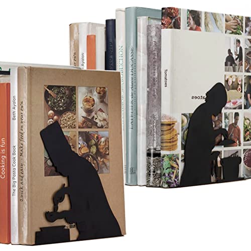 Unique Metal Decorative Bookends - Whimsical Hidden Book Ends for a Cool Book Holder Display - Cute Home Decor and Modern Gift Idea for Shelves Desk or Table (Cooking)