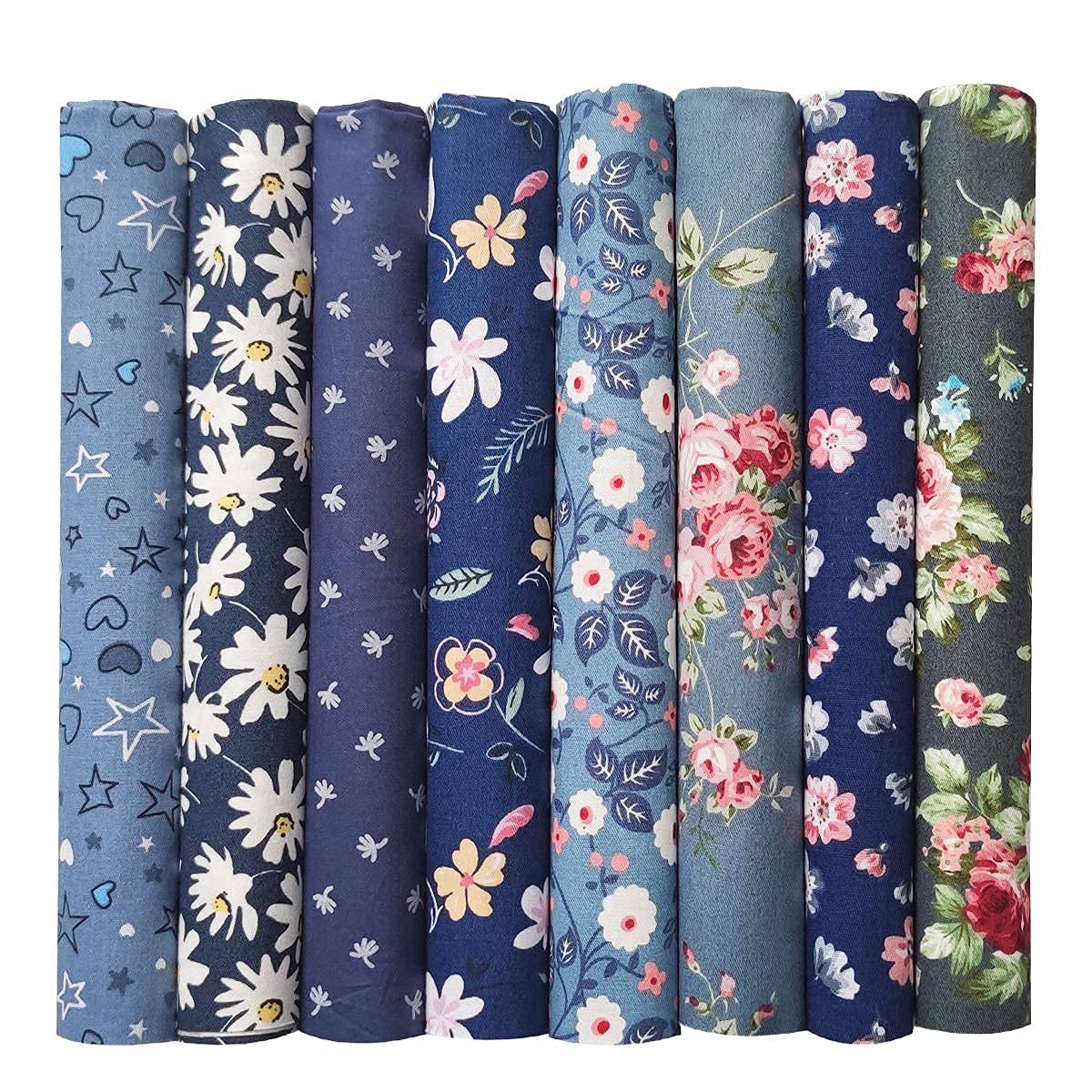 Gnognauq 8pcs Cotton Patchwork Fabric Dark Blue Daisy Pattern Precut Fabric Quarter Bundles for DIY Scrapbook Handmade Sewing, 18 x 22 inches