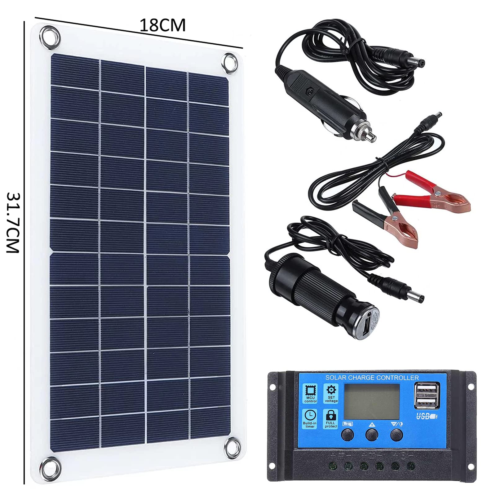 DSJ 300W Solar Panel Kit, Portable Dual 12/5V Dc USB Outdoor Battery Charger with Cigarette Lighter Plug/Charge Controller for Car Yacht Rv/30A