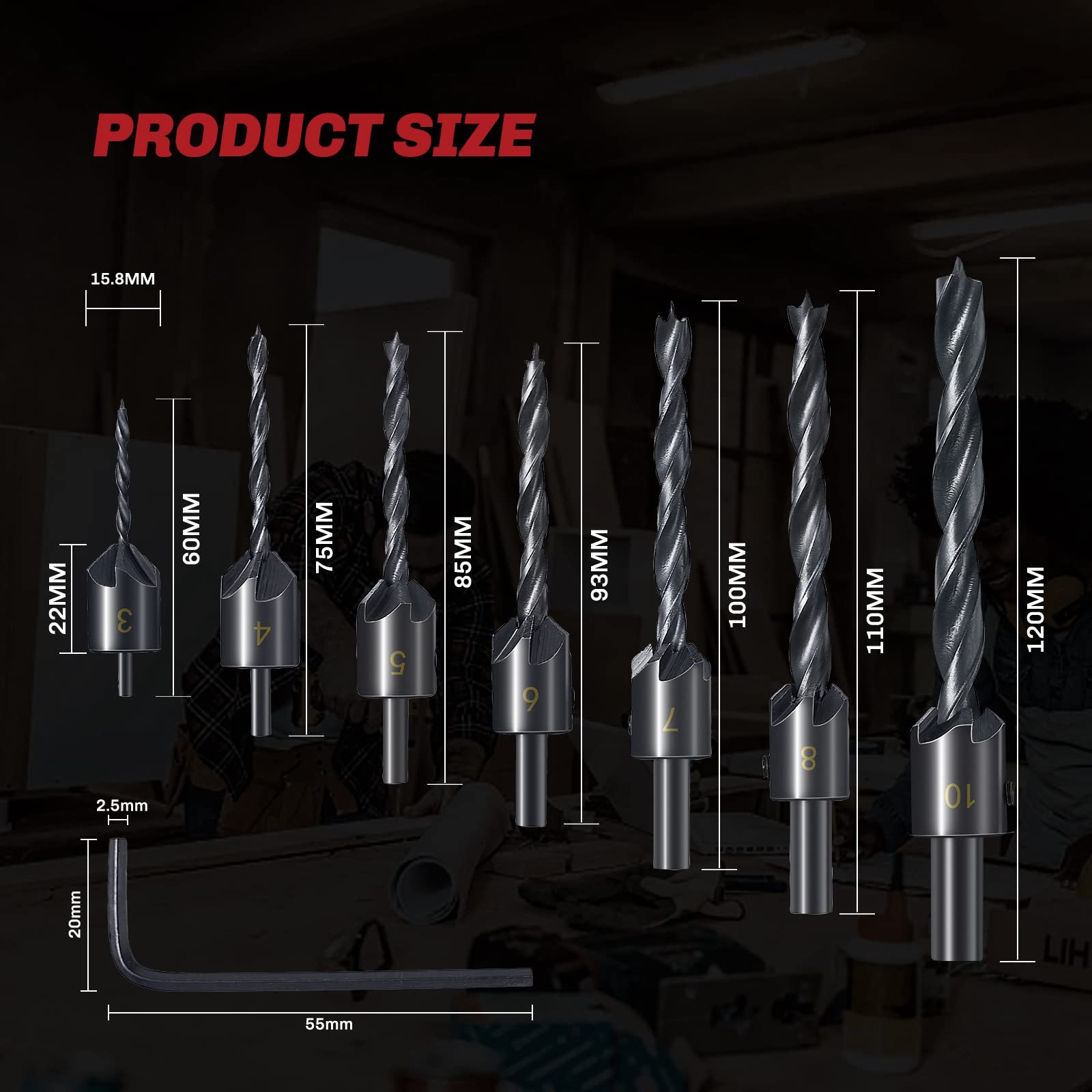 Columpro 7PCS HSS4241 Countersink Drill Bit Set,Wood Drill Bit Set,Wood High Speed Steel, Woodworking Carpentry Reamer,3-10mm,1 Free Hex Key Wrench Attached