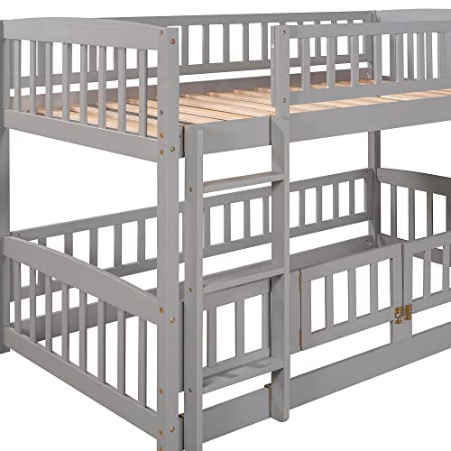 BIADNBZ Twin Over Twin Bunk Bed with Slide, Fence and Ladder, Solid Wood Low Bunkbed Bedframe for Kids Boys Girls Bedroom, Gray
