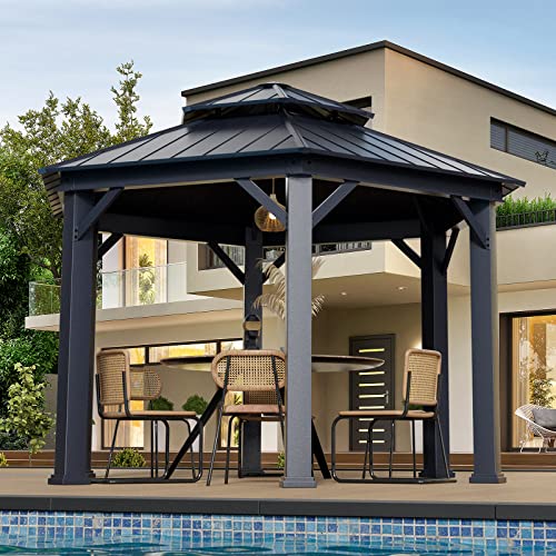 Erinnyees 15' x 15' Hardtop Gazebo, Hexagonal Gazebo with Galvanized Steel Double Roof, Aluminum Frame, Patio Gazebo for Deck, Backyard, Patio, Lawns