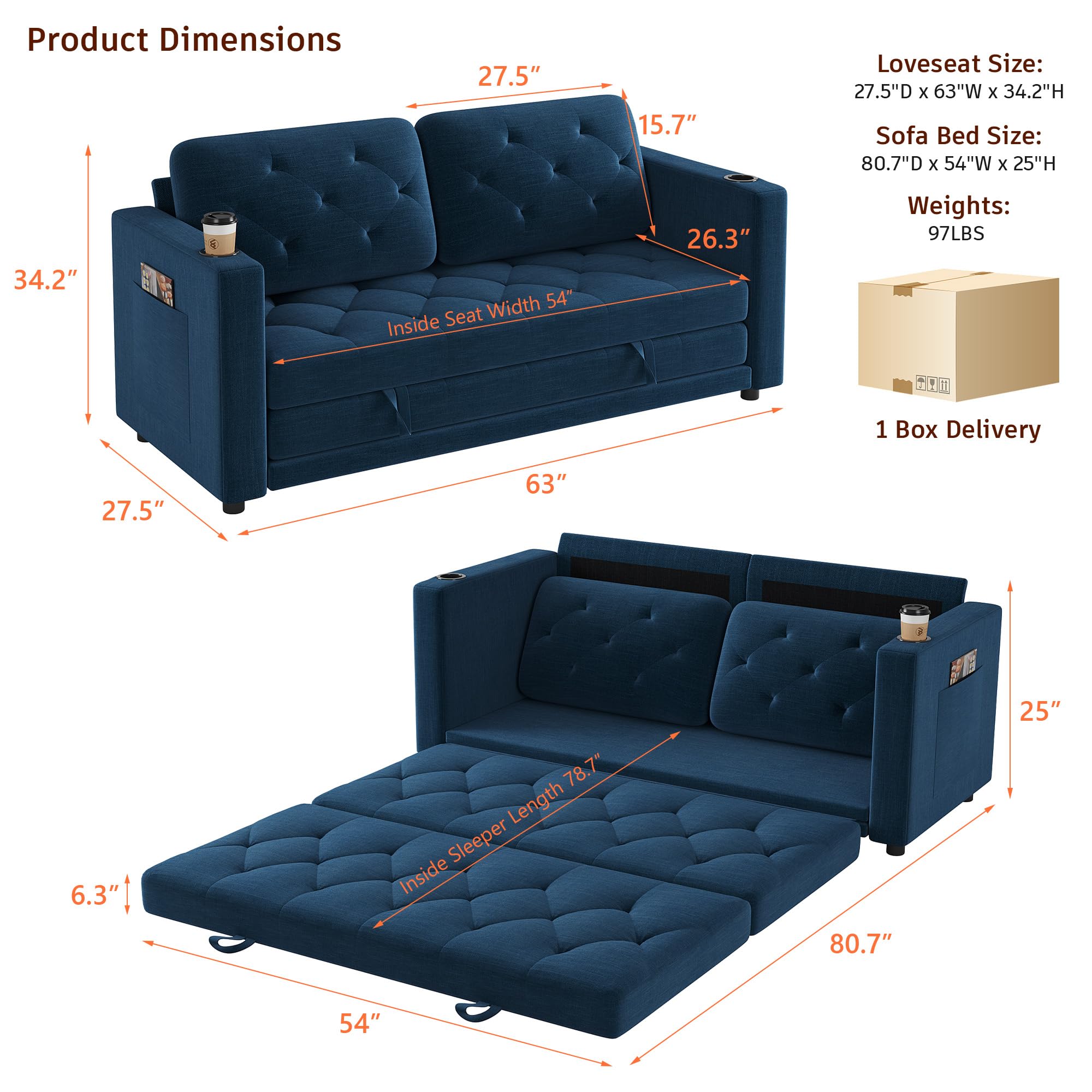 FOMNEY Loveseat Sleeper Sofa Bed, 63" W Pull Out Sofa Bed with 2 Cup Holders, 6.3" Upholstery Futon Sofa Bed with 2 Side Pockets, Convertible Floor Pull Out Couch for Living Room (Blue)